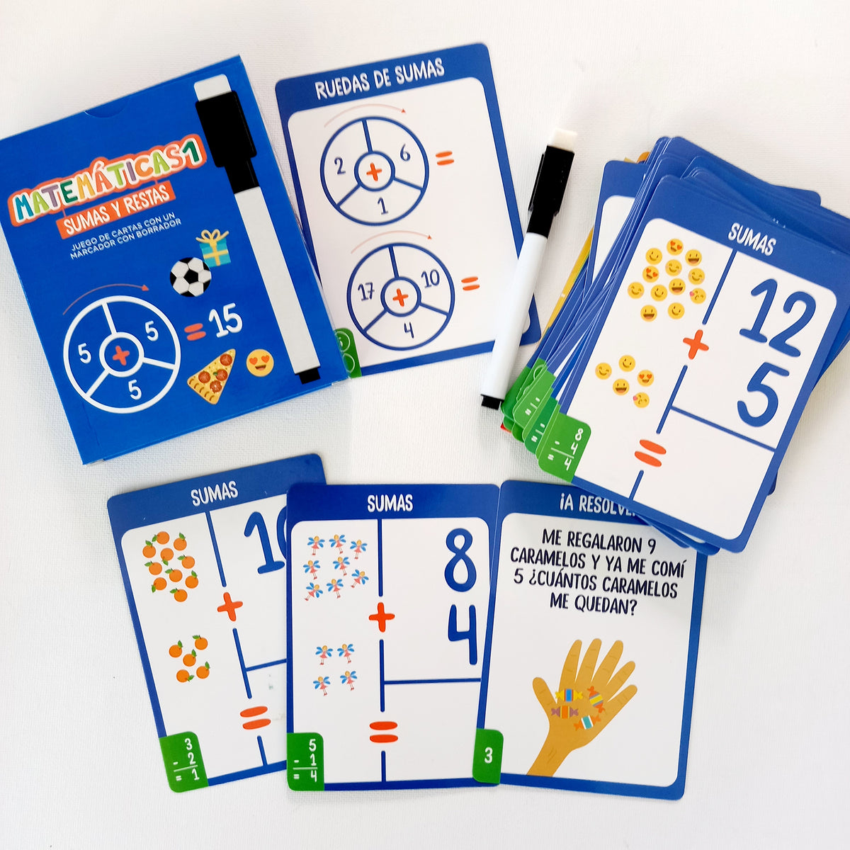Matemáticas 1. Sumas y restas - Cartas con libro y marcador – Abrecuentos